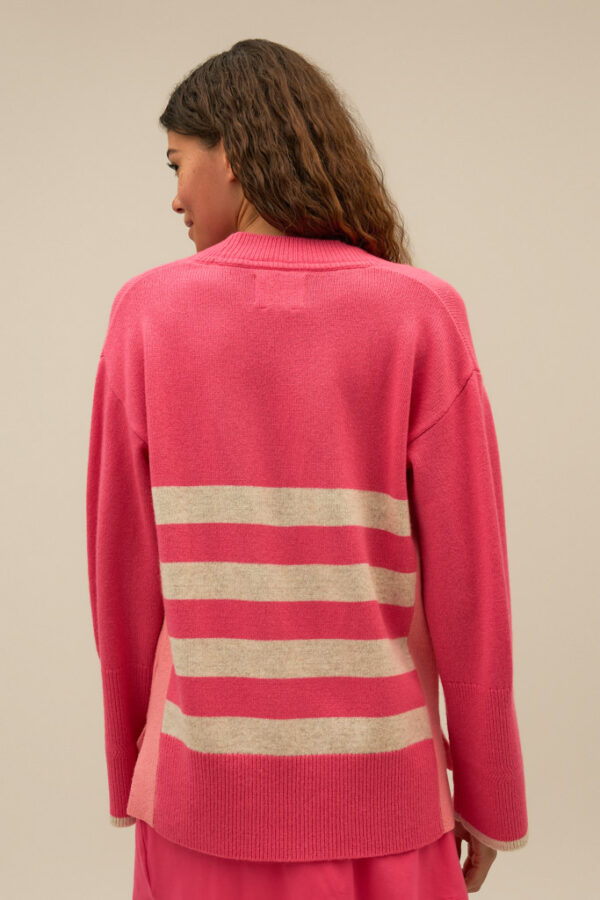 Wandle V Neck Merino Jumper (Pink/Neutral Stripe) | BAM Clothing