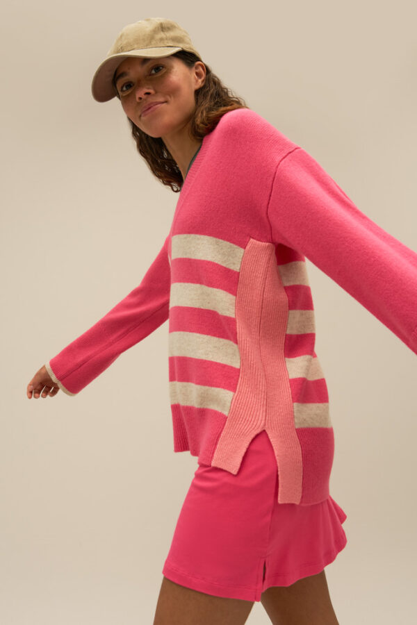 Wandle V Neck Merino Jumper (Pink/Neutral Stripe) | BAM Clothing