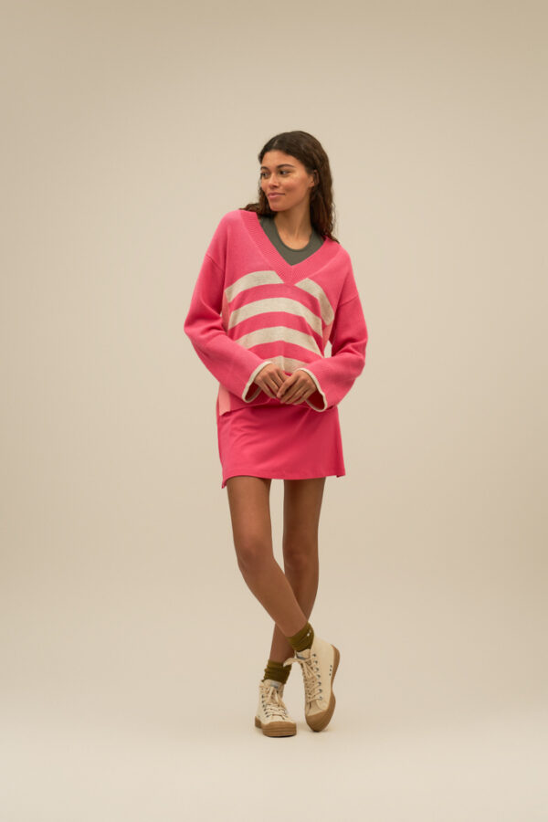 Wandle V Neck Merino Jumper (Pink/Neutral Stripe) | BAM Clothing